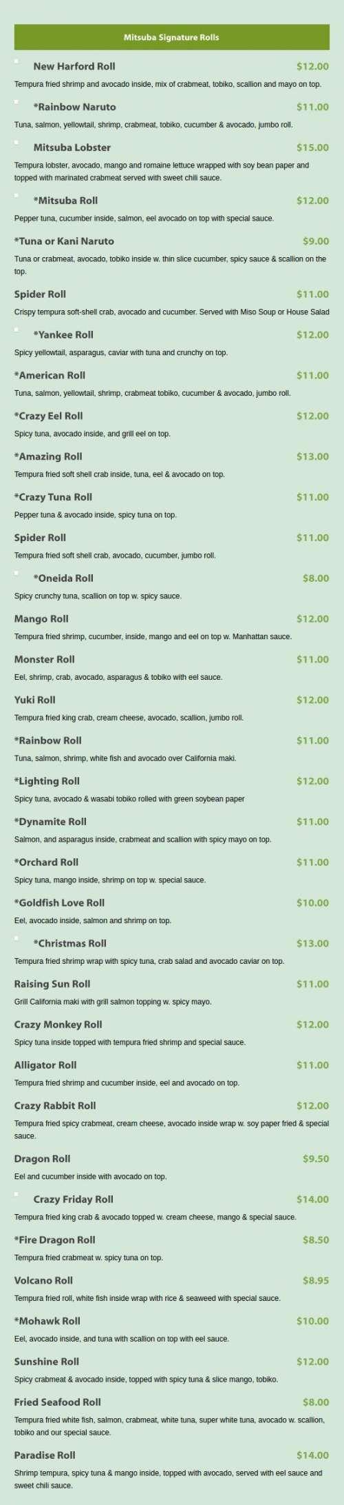 Mitsuba menu in Rome, New York, USA