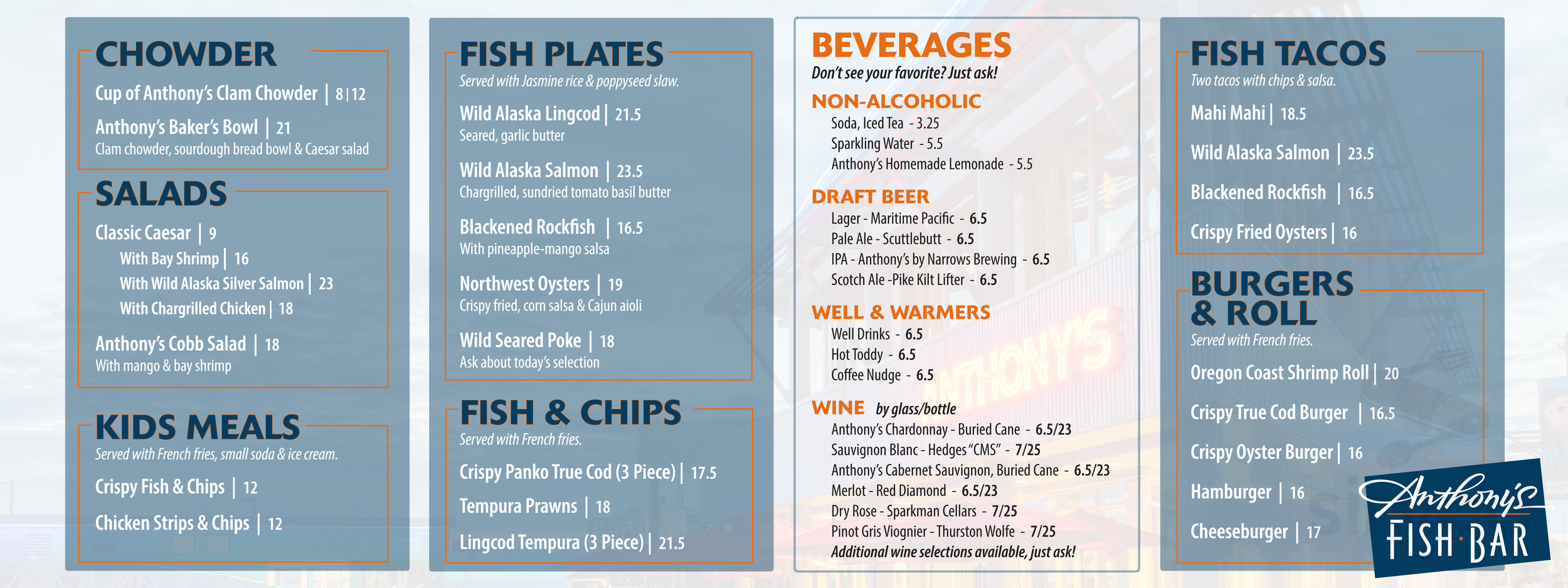 Anthony's Fish Bar menu in Seattle, Washington, USA