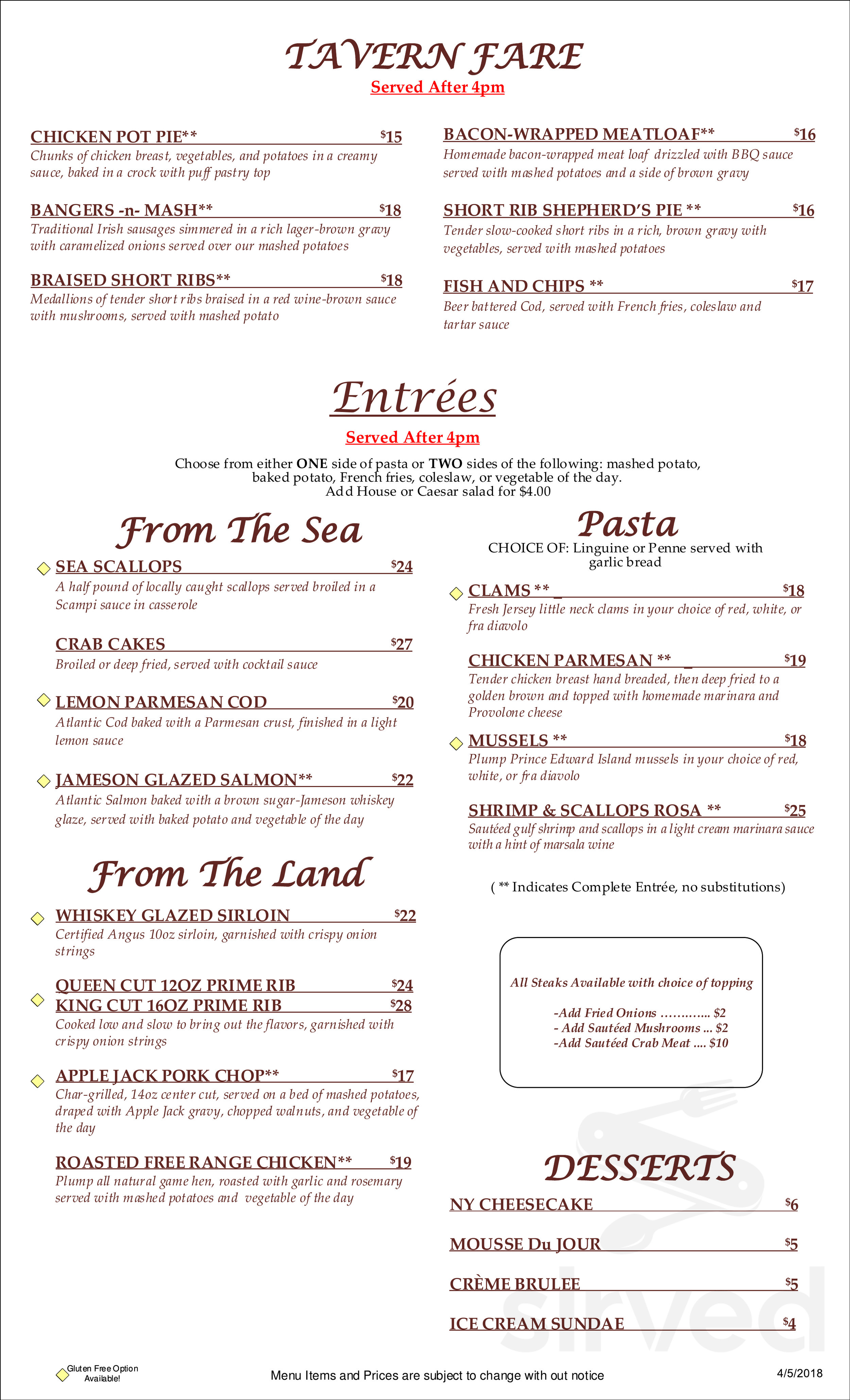 Seaville Tavern menu in Ocean View, New Jersey, USA