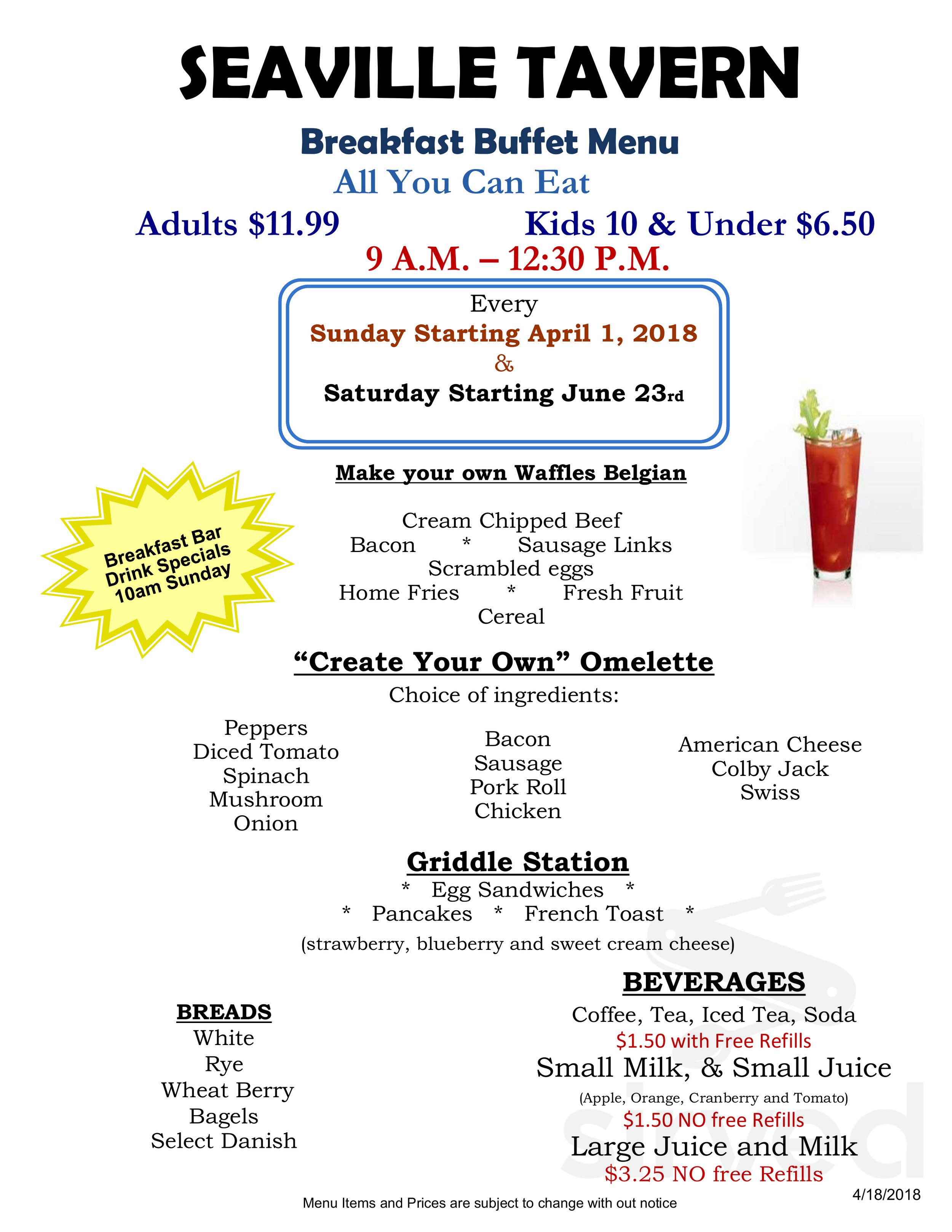 Menu for Seaville Tavern in Ocean View, NJ | Sirved