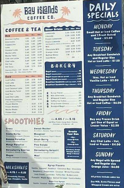 Bay Islands Coffee Company menu in Gainesville, Florida, USA