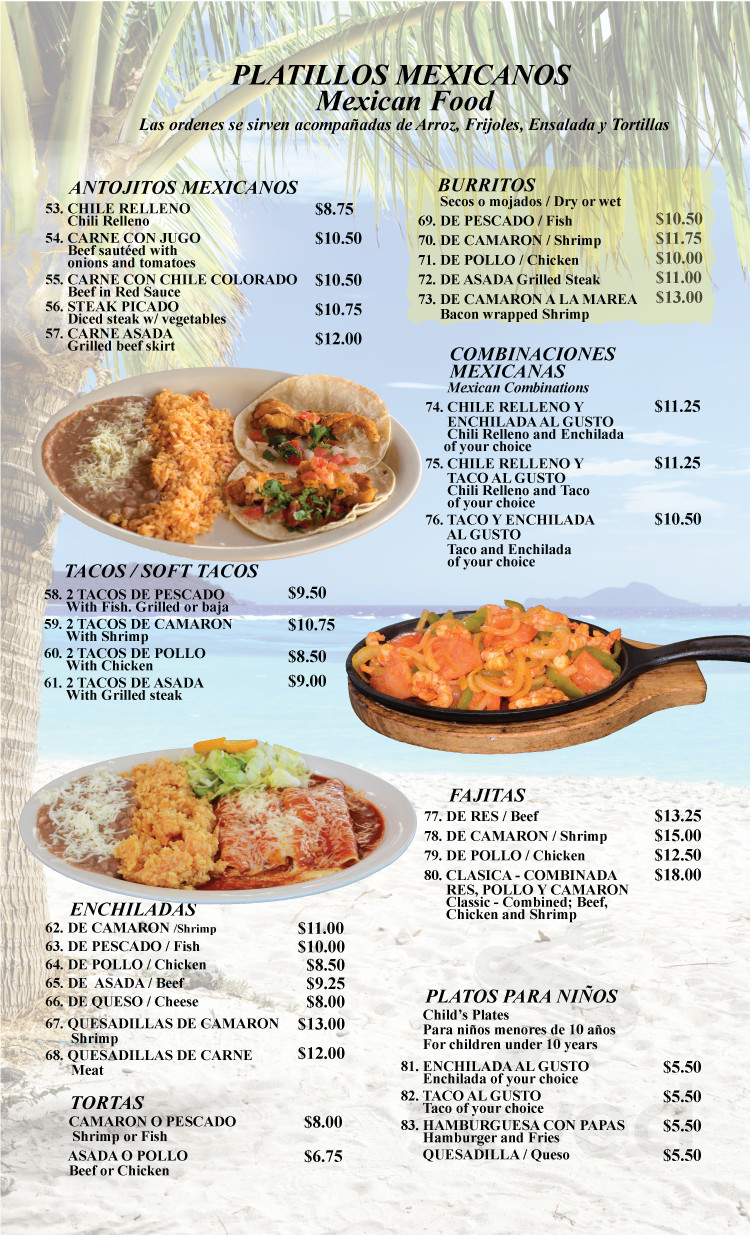 Menu - Corona CA's Mariscolandia | Sirved