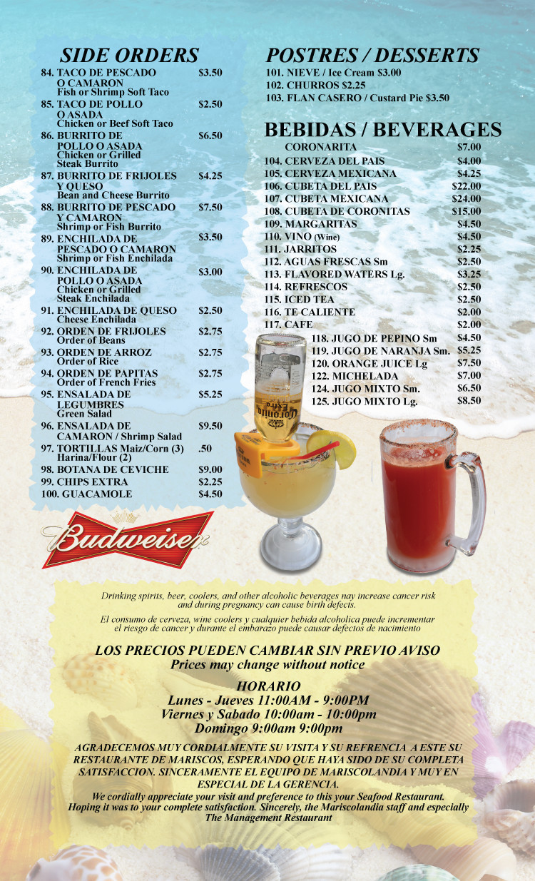Menu - Corona CA's Mariscolandia | Sirved