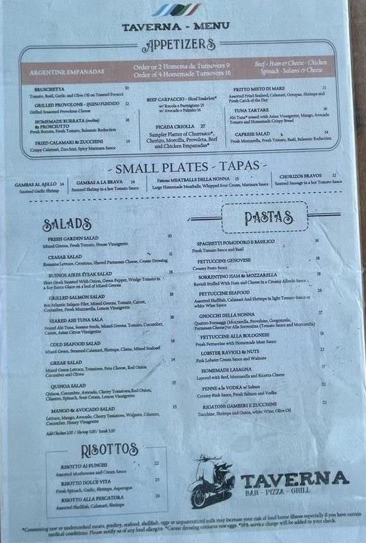 Taverna menu in Miami Beach, Florida, USA