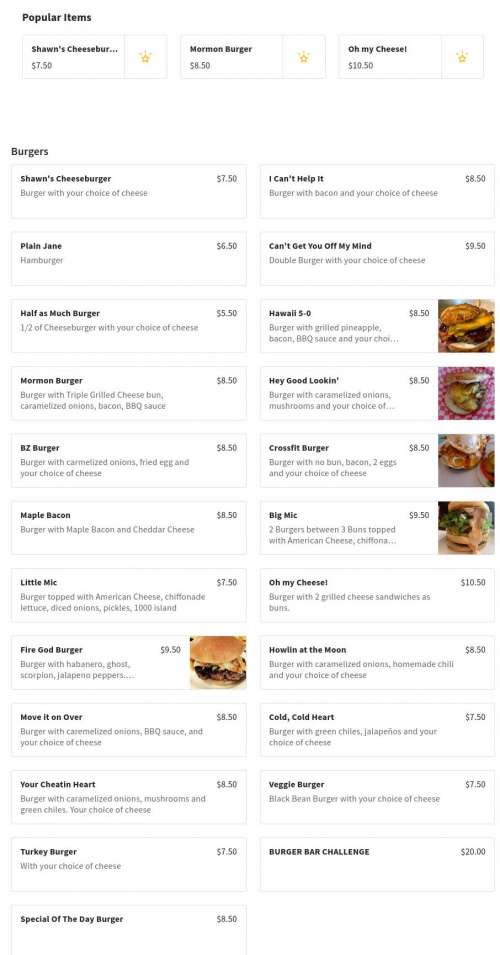 Burger Bar menu in Bristol, Virginia, USA