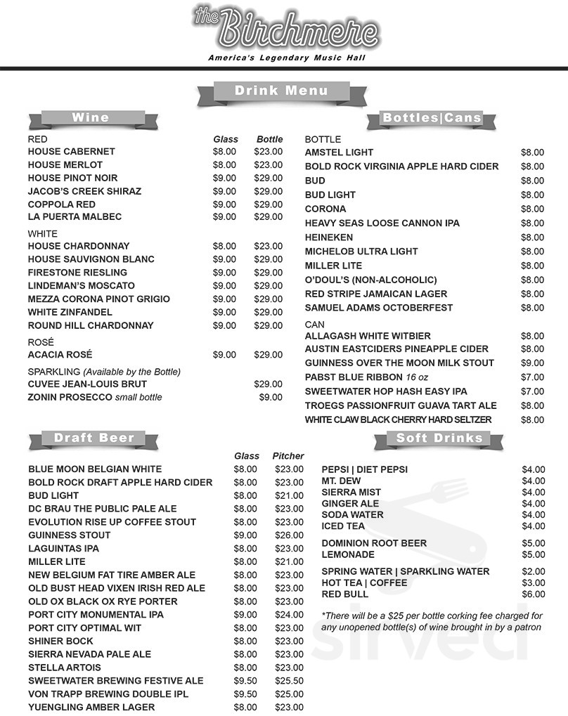 Menu for The Birchmere in Alexandria, VA | Sirved