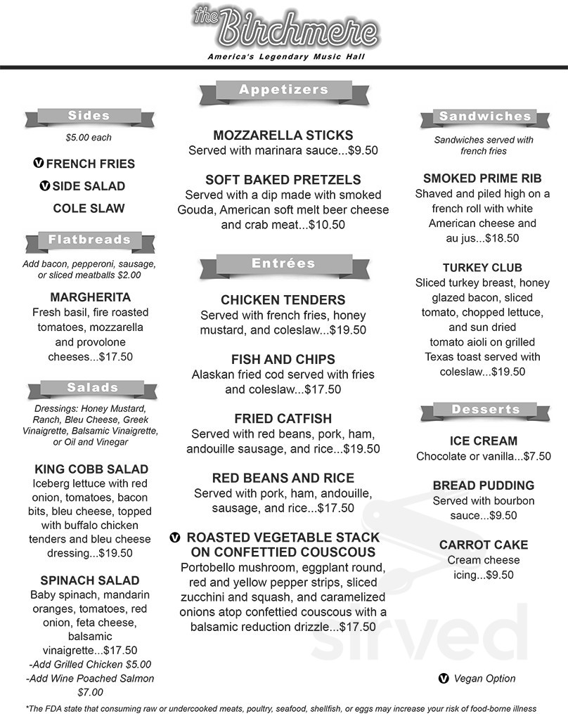 Menu for The Birchmere in Alexandria, VA | Sirved
