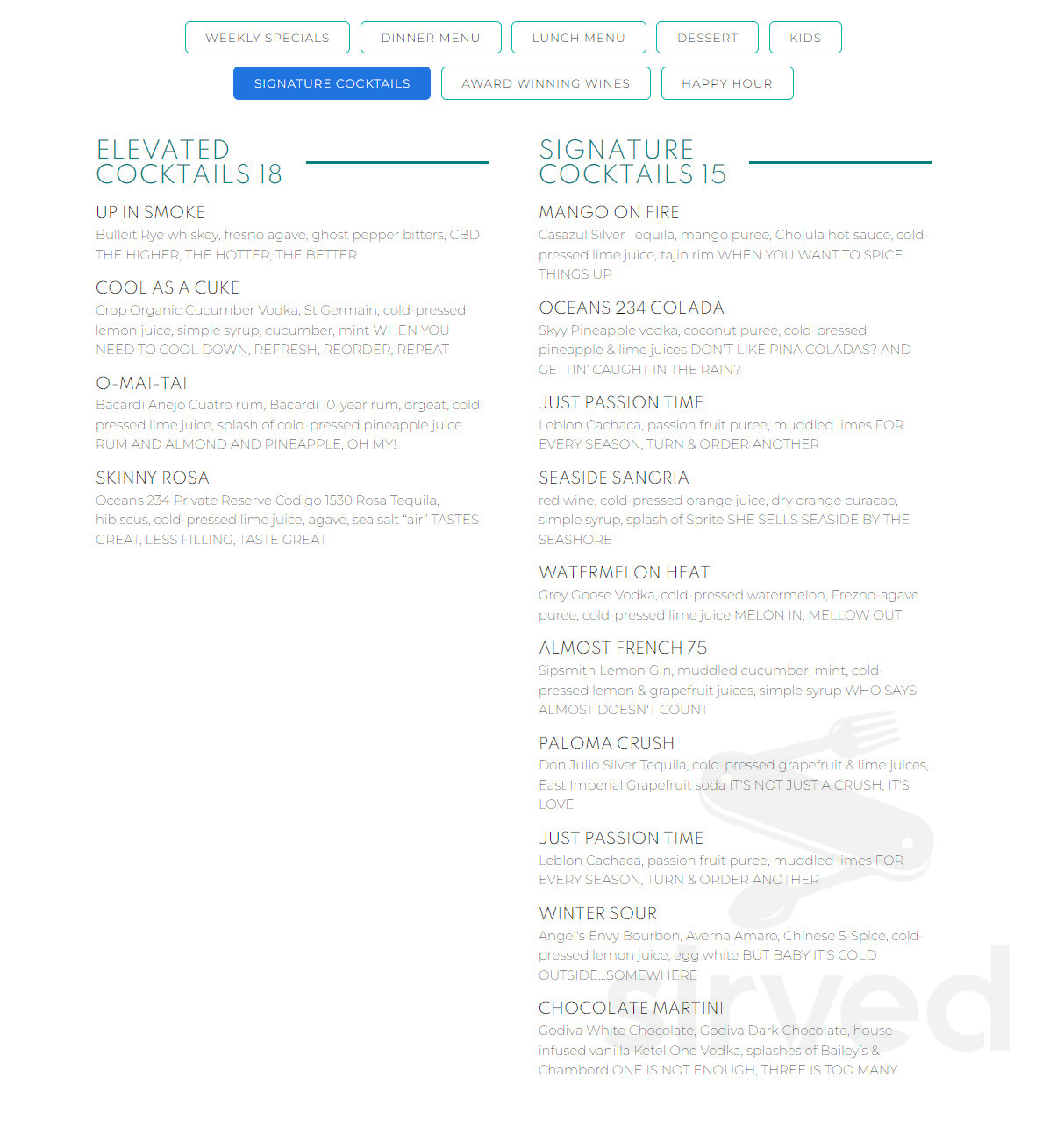 Menu - Deerfield Beach FL's Oceans 234 | Sirved