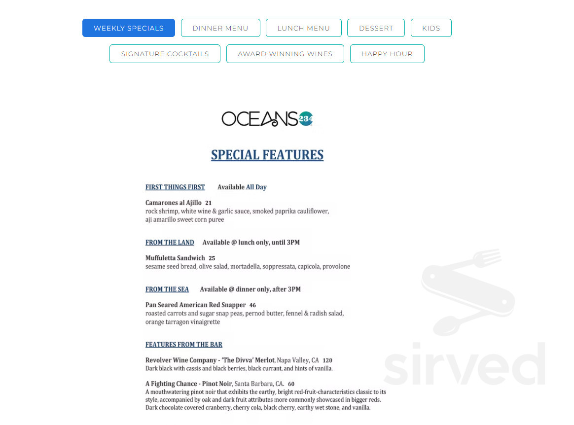 Menu - Deerfield Beach FL's Oceans 234 | Sirved