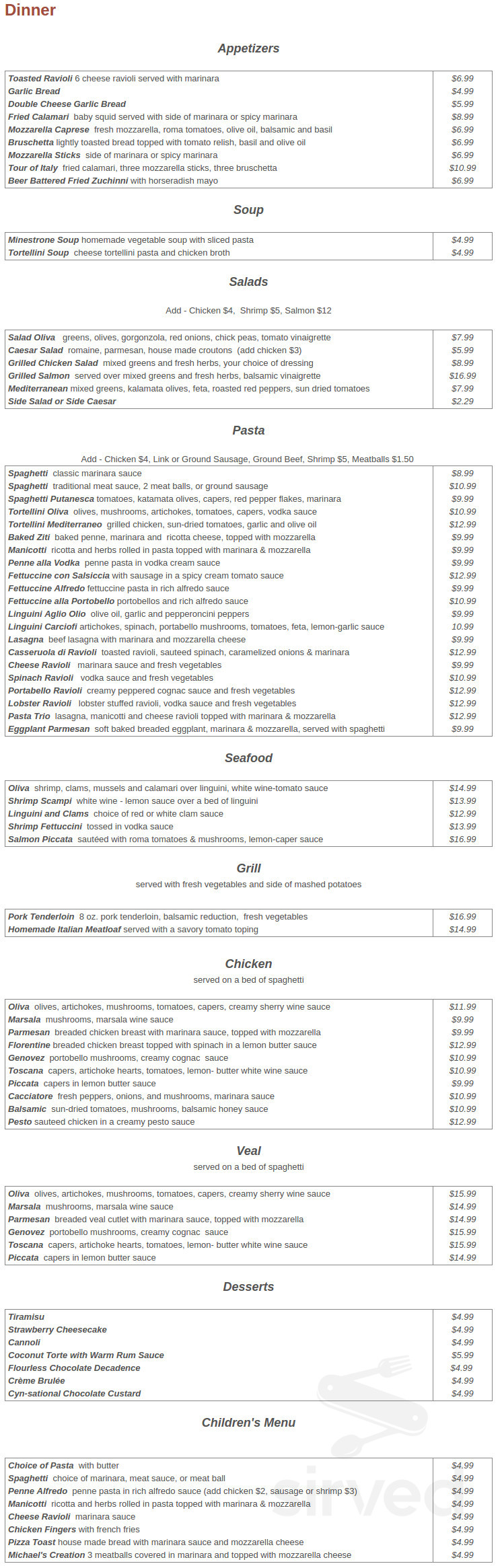 Menu - Fort Worth TX's Oliva Italian Eatery | Sirved