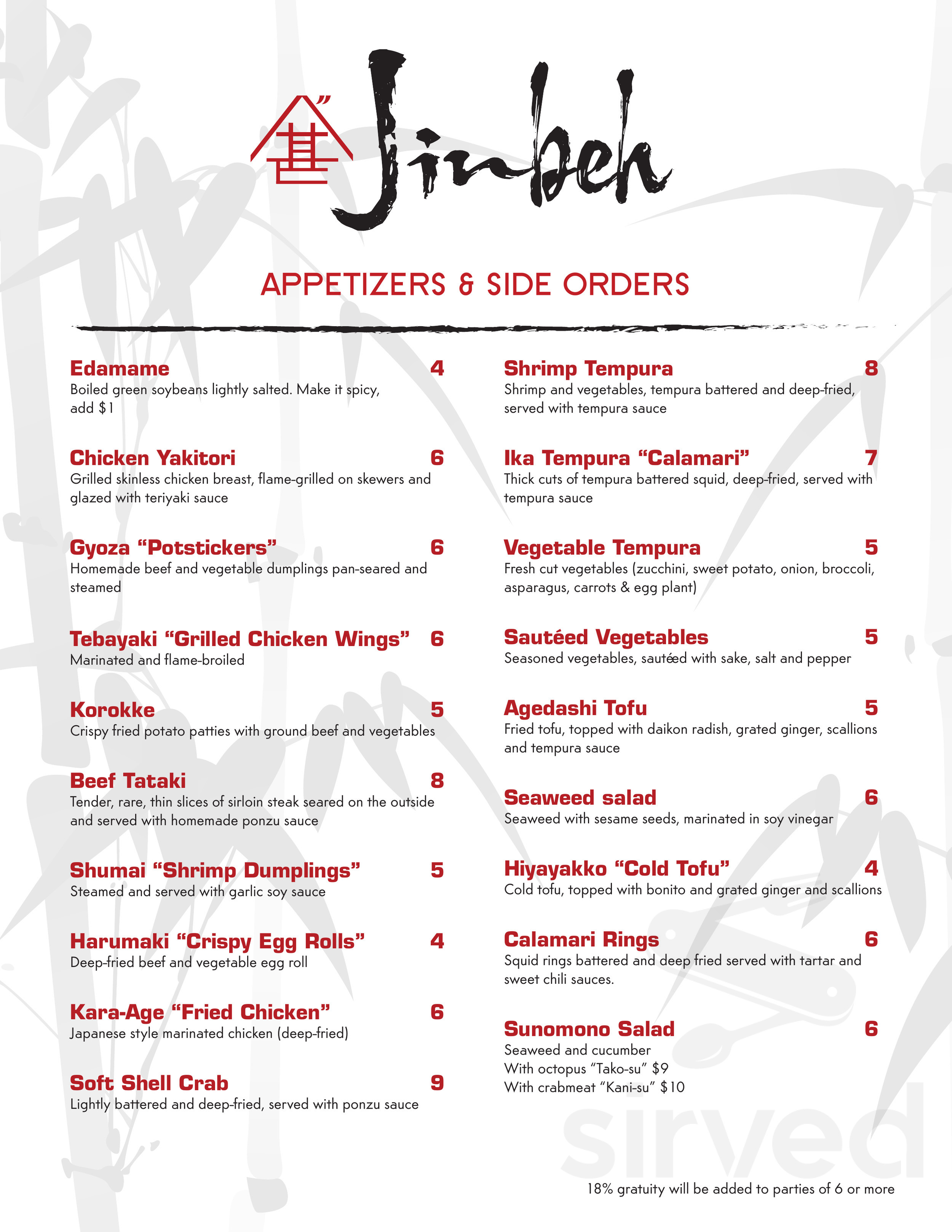 Jinbeh menu in Frisco, Texas, USA