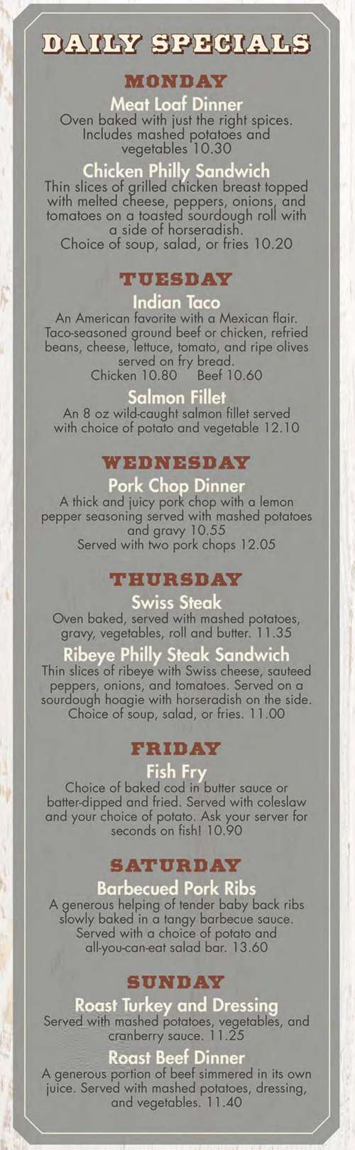 Millstone Family Restaurant menu in Rapid City, South Dakota, USA