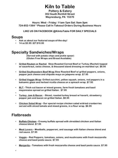 Kiln to Table menu in Waynesburg, Pennsylvania, USA