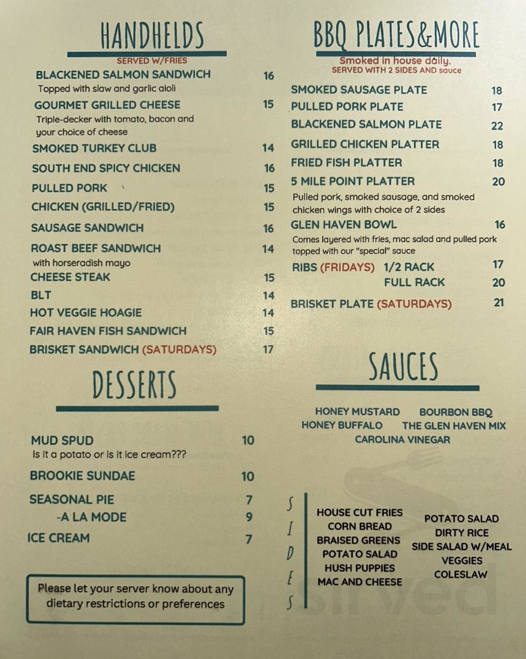The Glen Haven menu in Homer, New York, USA