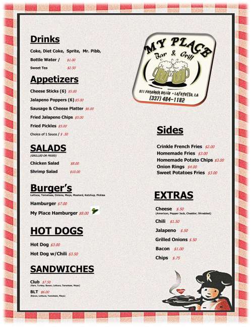 My Place Bar & Grill menu in Lafayette, Louisiana, USA