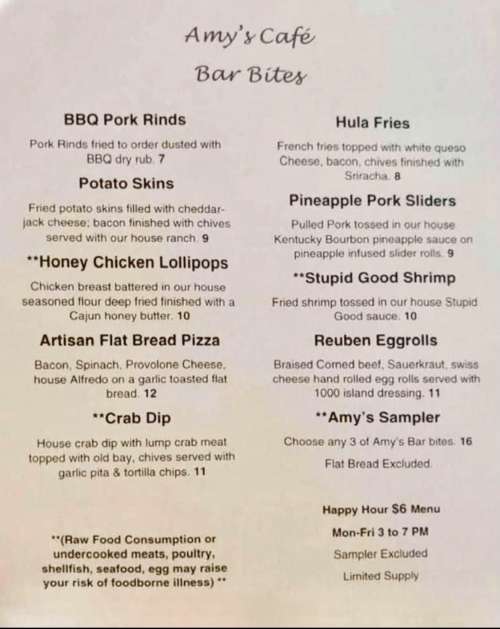 Amy's Cafe menu in Fredericksburg, Virginia, USA