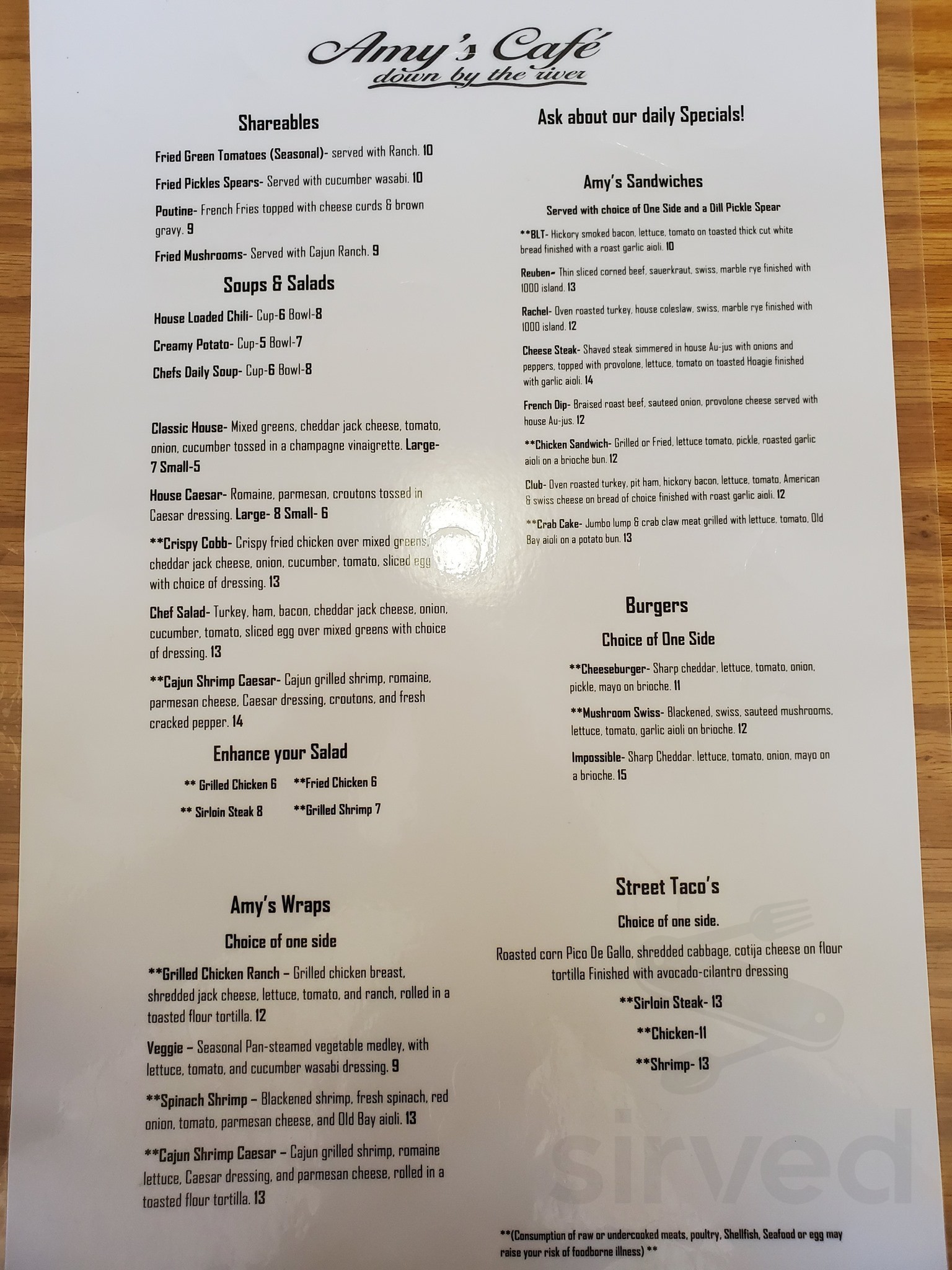Amy's Cafe menu in Fredericksburg, Virginia, USA