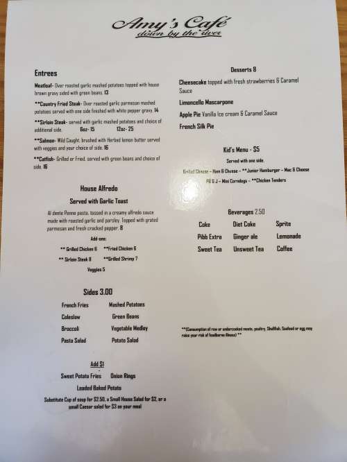 Amy's Cafe menu in Fredericksburg, Virginia, USA