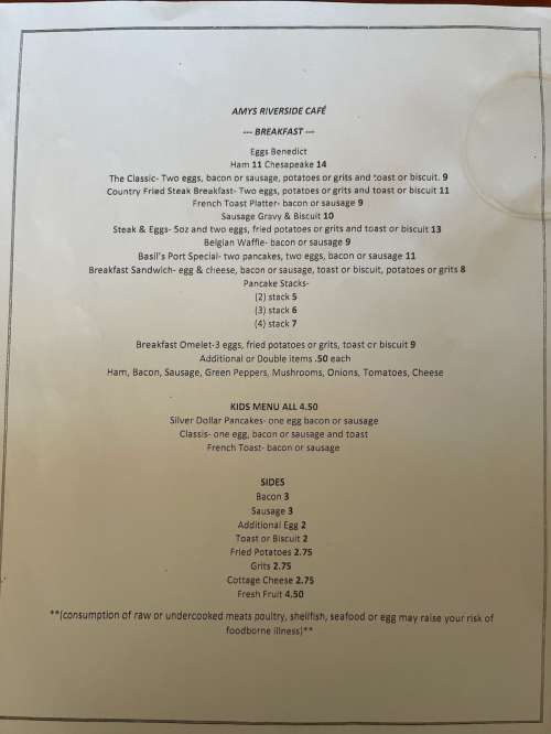 Amy's Cafe menu in Fredericksburg, Virginia, USA