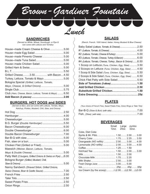 Brown Gardiner (FOUNTAIN) menu in Greensboro, North Carolina, USA