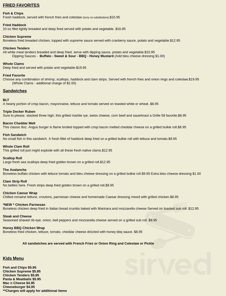 Grille 58 menu in Halifax, Massachusetts, USA