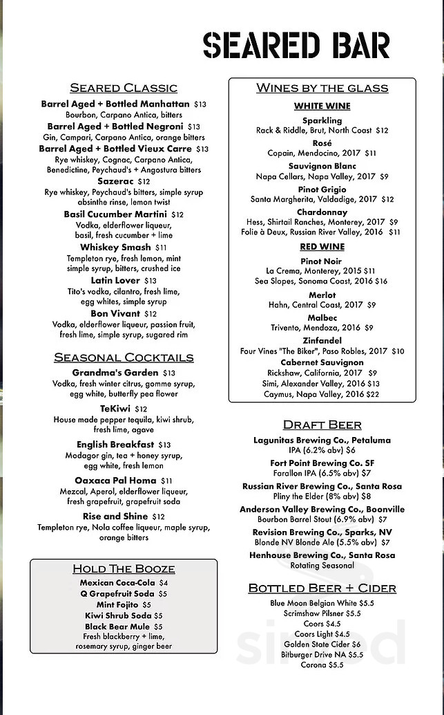 Menu for Seared in Petaluma, CA | Sirved