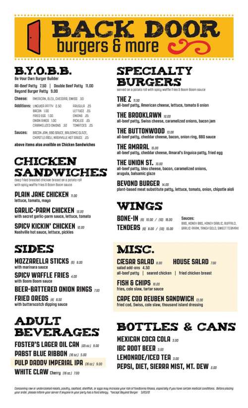 Back Door Burgers & More menu in New Bedford, Massachusetts, USA
