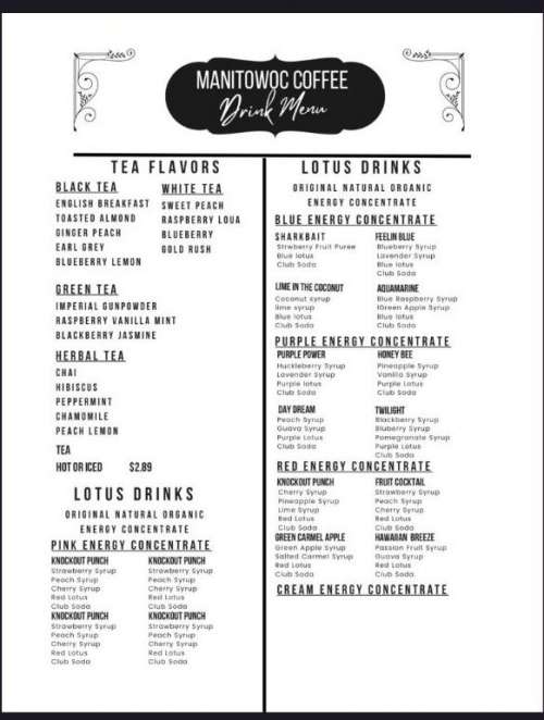 Manitowoc Coffee menu in Manitowoc, Wisconsin, USA