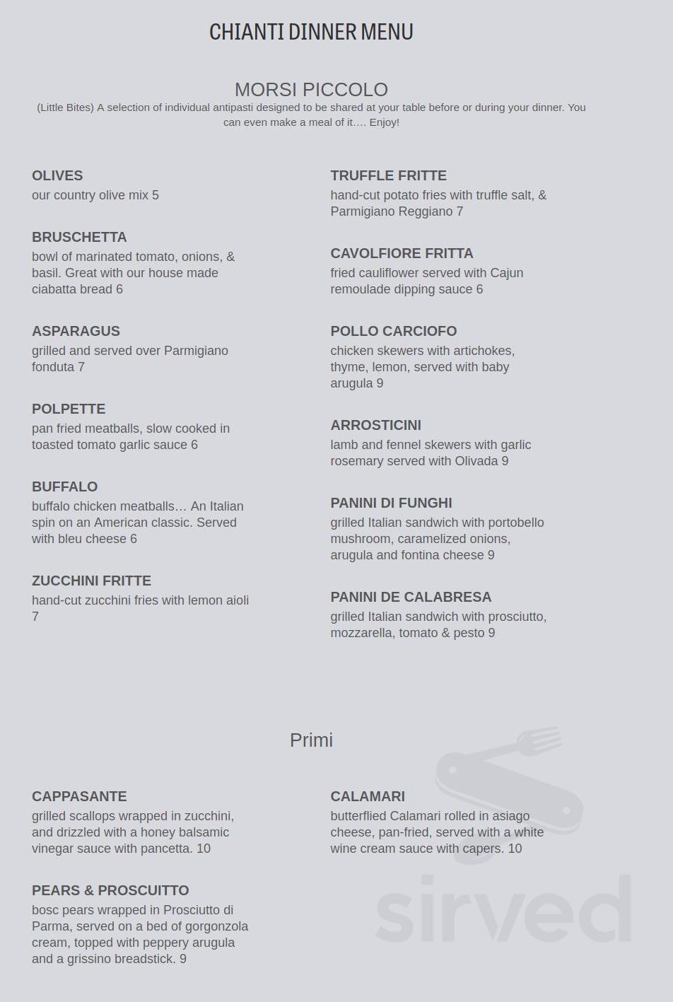 Chianti Cafe menu in Beverly, Massachusetts, USA