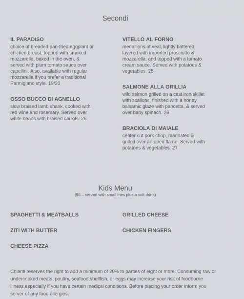 Chianti Cafe menu in Beverly, Massachusetts, USA