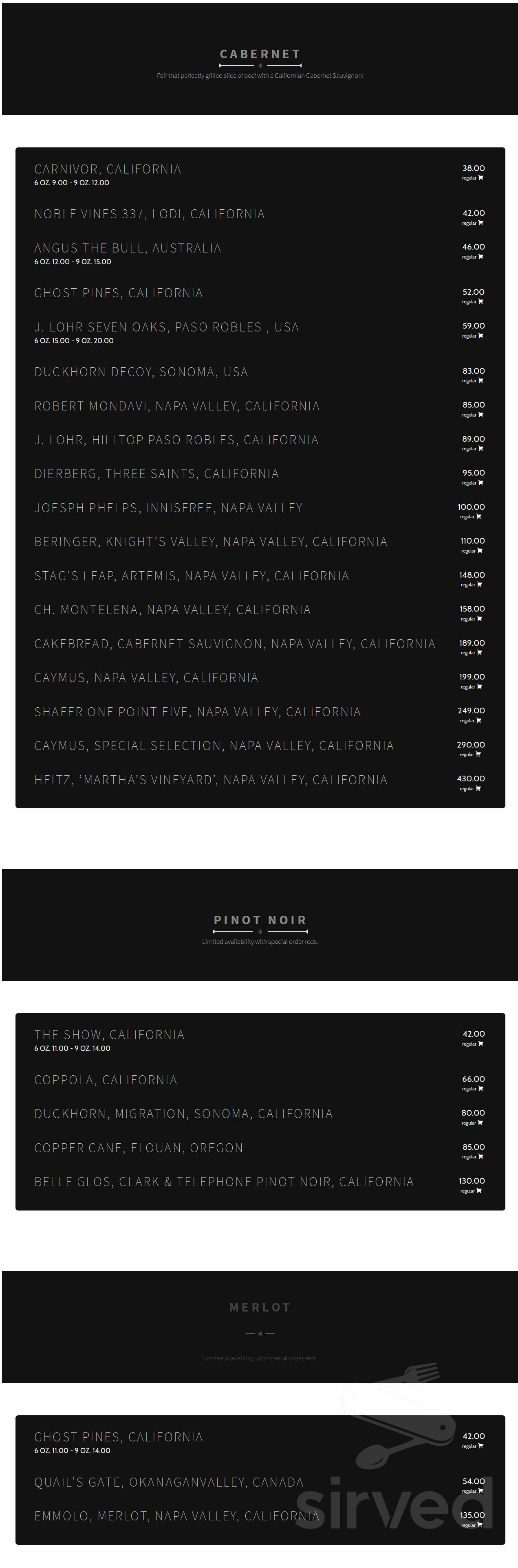 Cut Casual Steak & Tap menu in Saskatoon, Saskatchewan, Canada