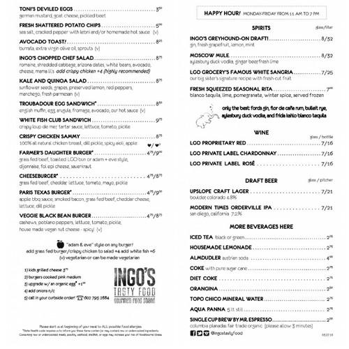 Ingo's Tasty Food menu in Phoenix, Arizona, USA