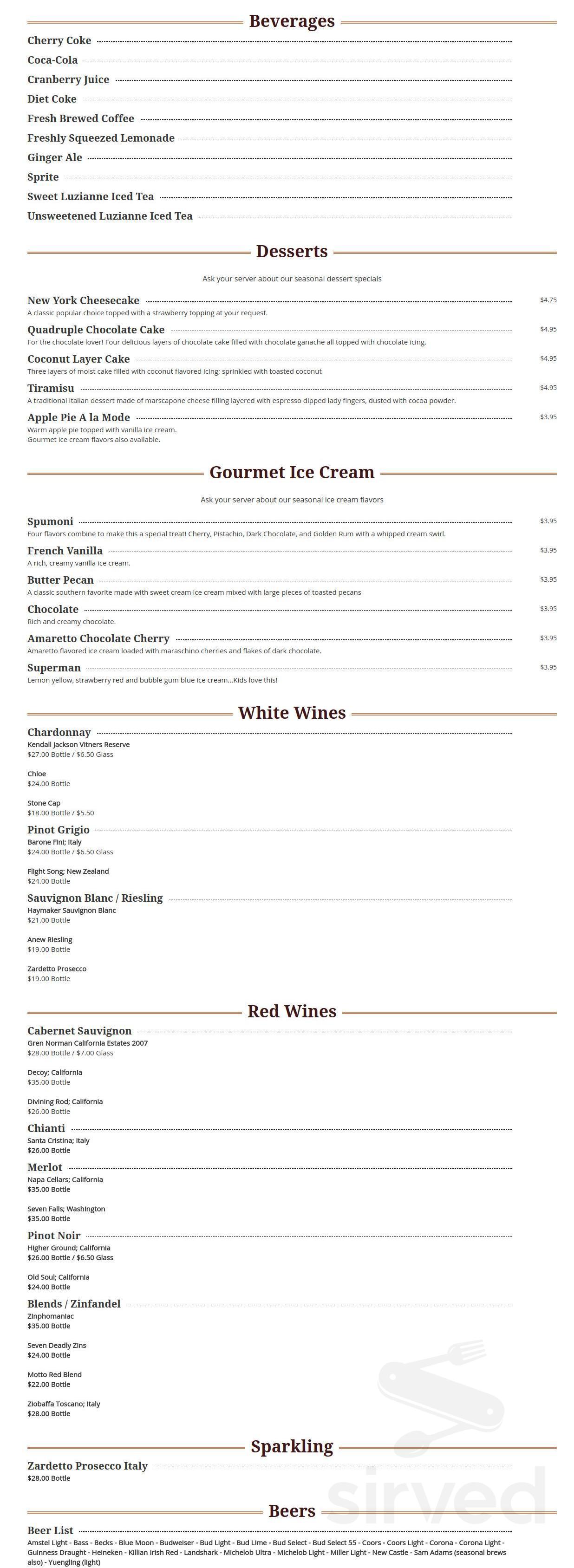 The Chestnut Grill menu in Orangeburg, South Carolina, USA