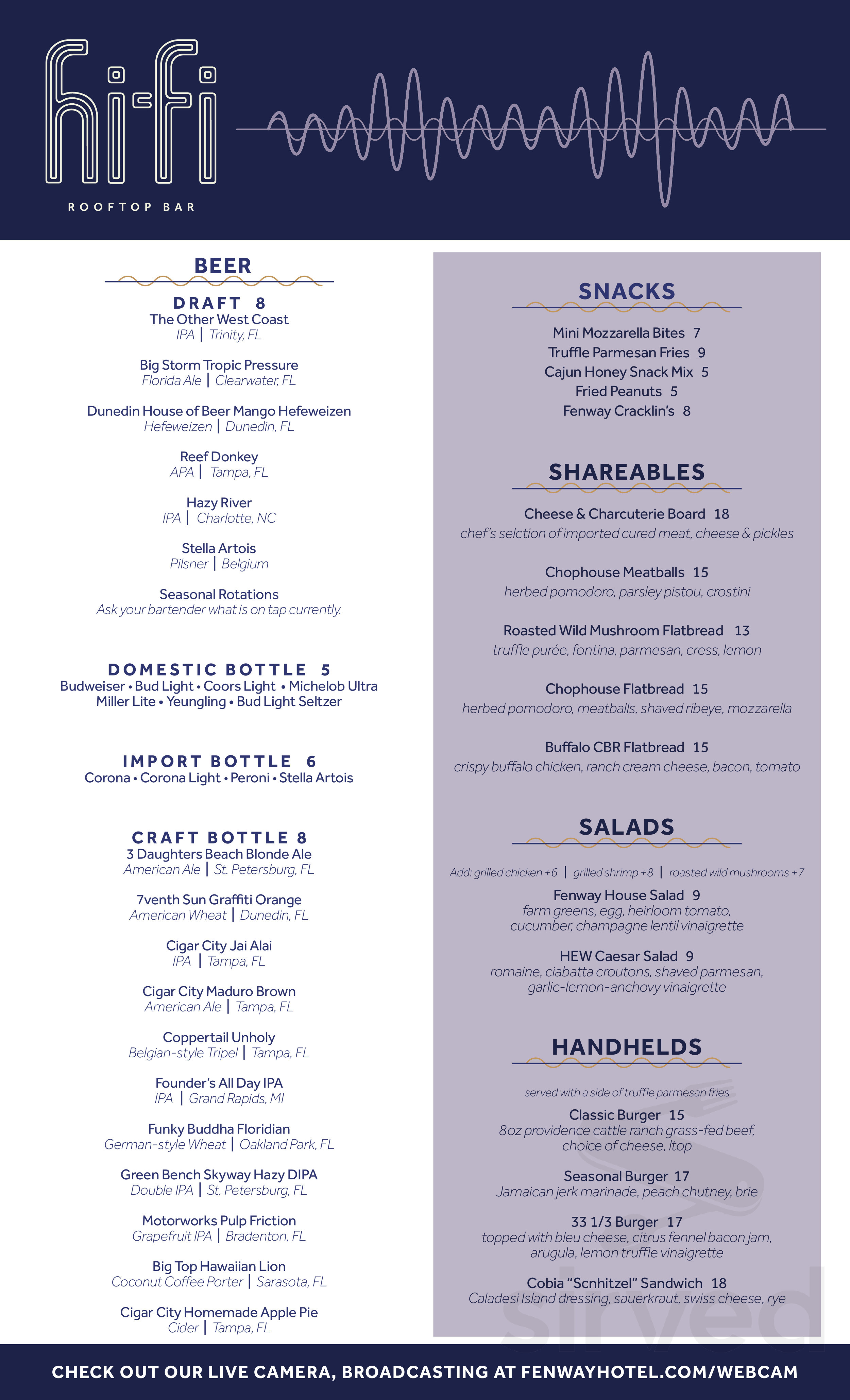 Hi-Fi Rooftop Bar menu in Dunedin, Florida, USA