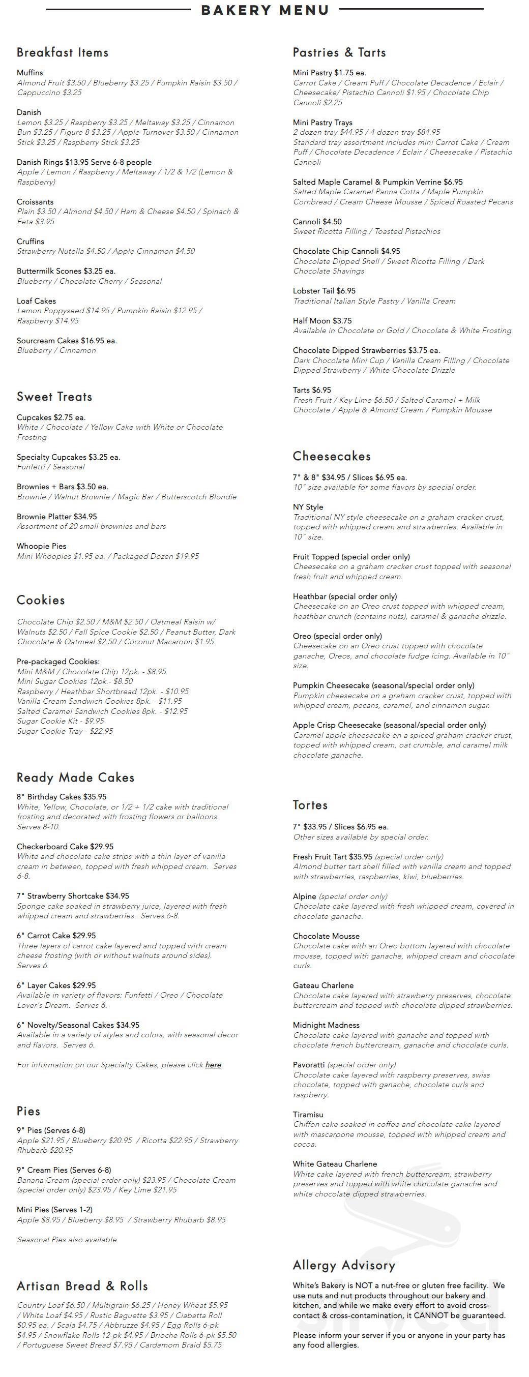 Menu for White's Bakery & Cafe in Mansfield, MA | Sirved