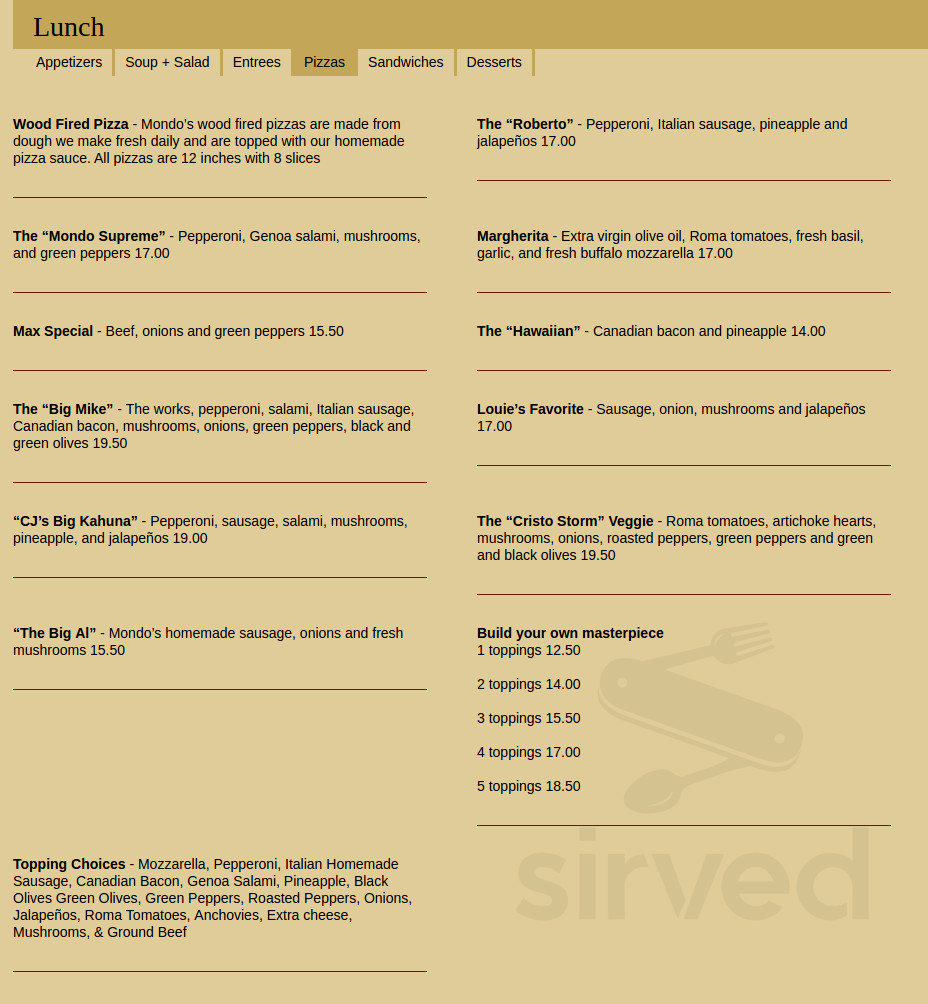 Mondo's Ristorante Italian menu in Tulsa, Oklahoma, USA