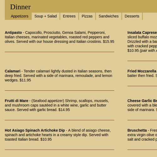 Mondo's Ristorante Italian menu in Tulsa, Oklahoma, USA
