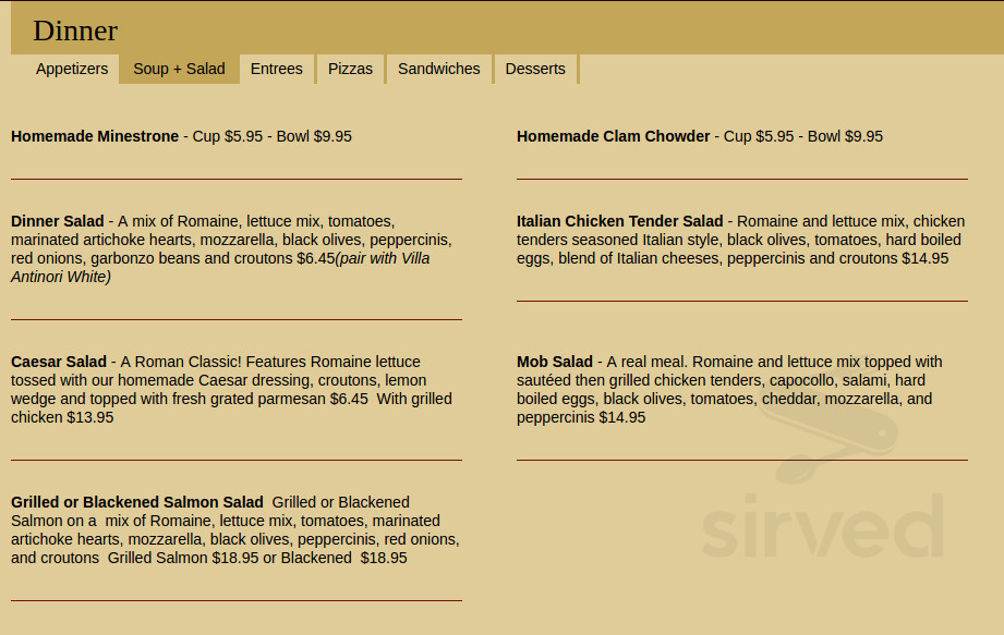 Mondo's Ristorante Italian menu in Tulsa, Oklahoma, USA