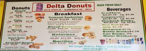 Daylight Donuts menu in Clarksdale, Mississippi, USA