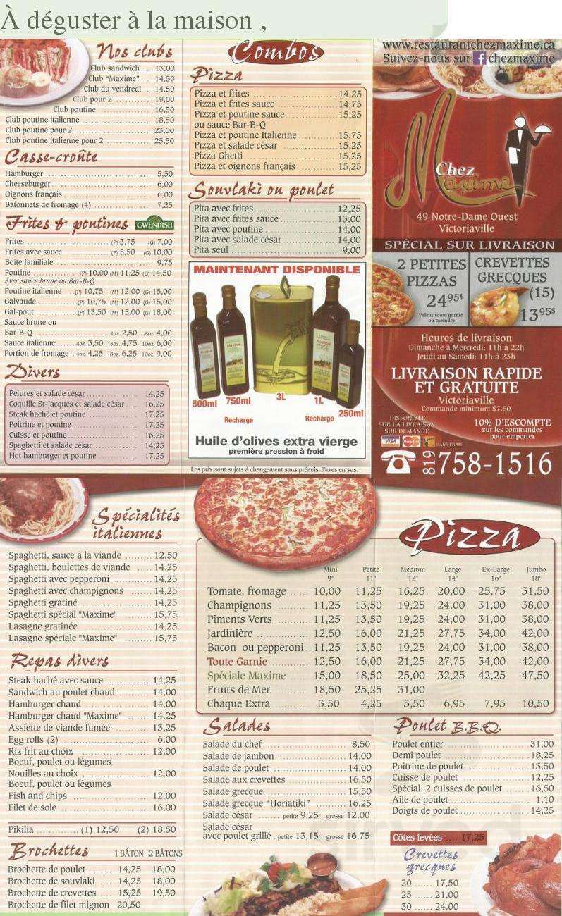 Restaurant Maxime menu in Victoriaville, Quebec, Canada