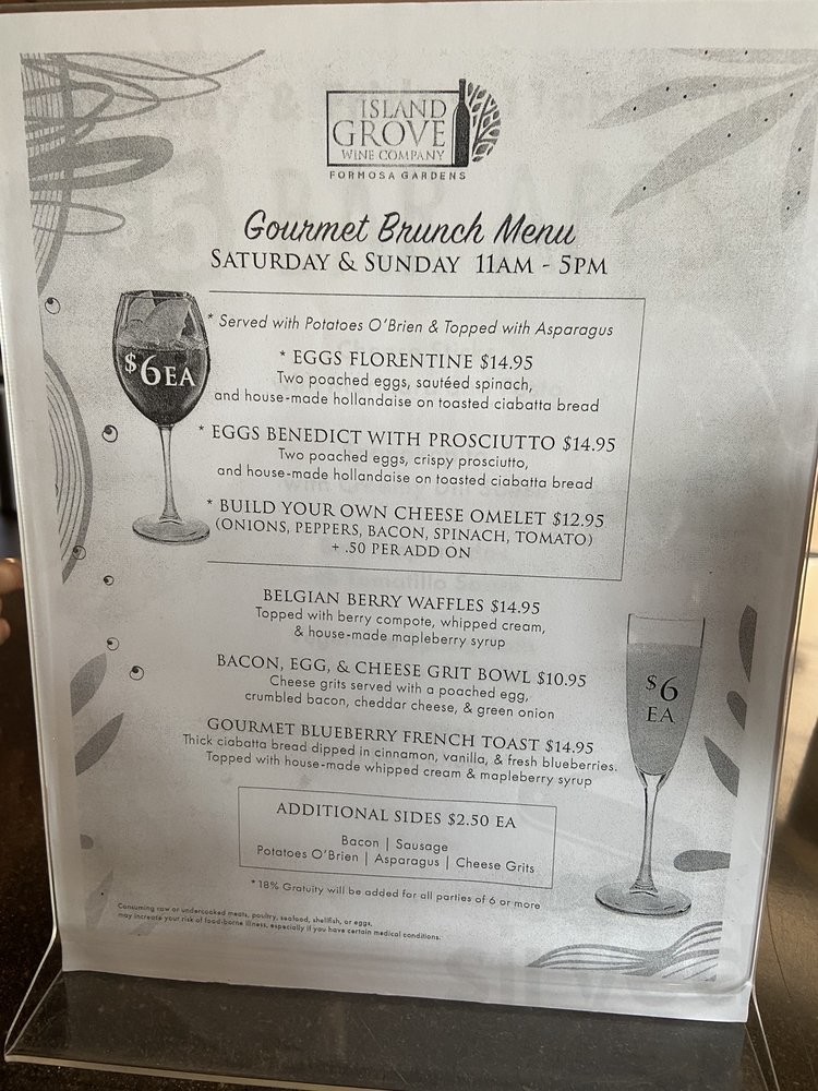 Menu - Kissimmee FL's Island Grove Wine Company at Formosa Gardens | Sirved