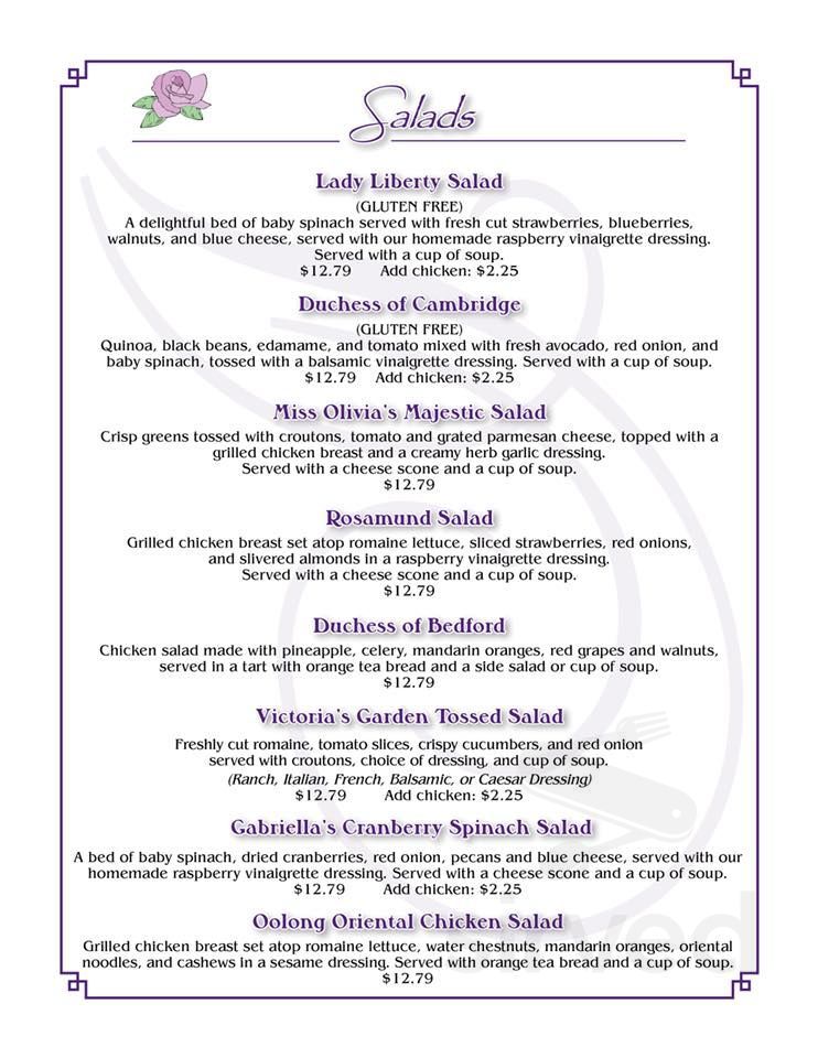 Piccadilly Parlour Victorian menu in Canfield, Ohio, USA