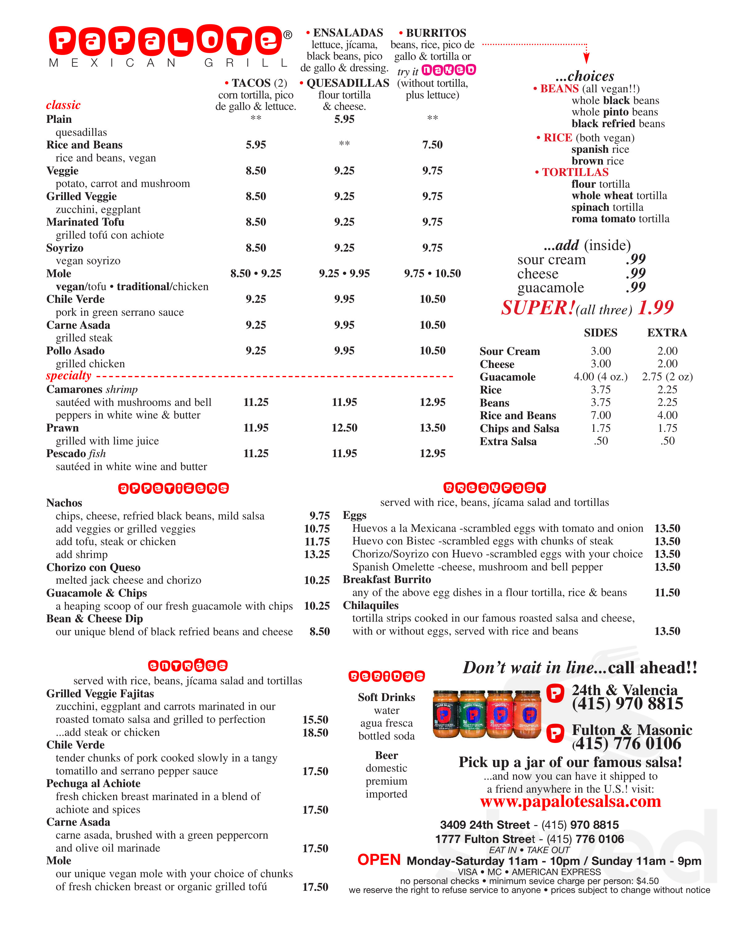 Papalote menu in San Francisco, California, USA