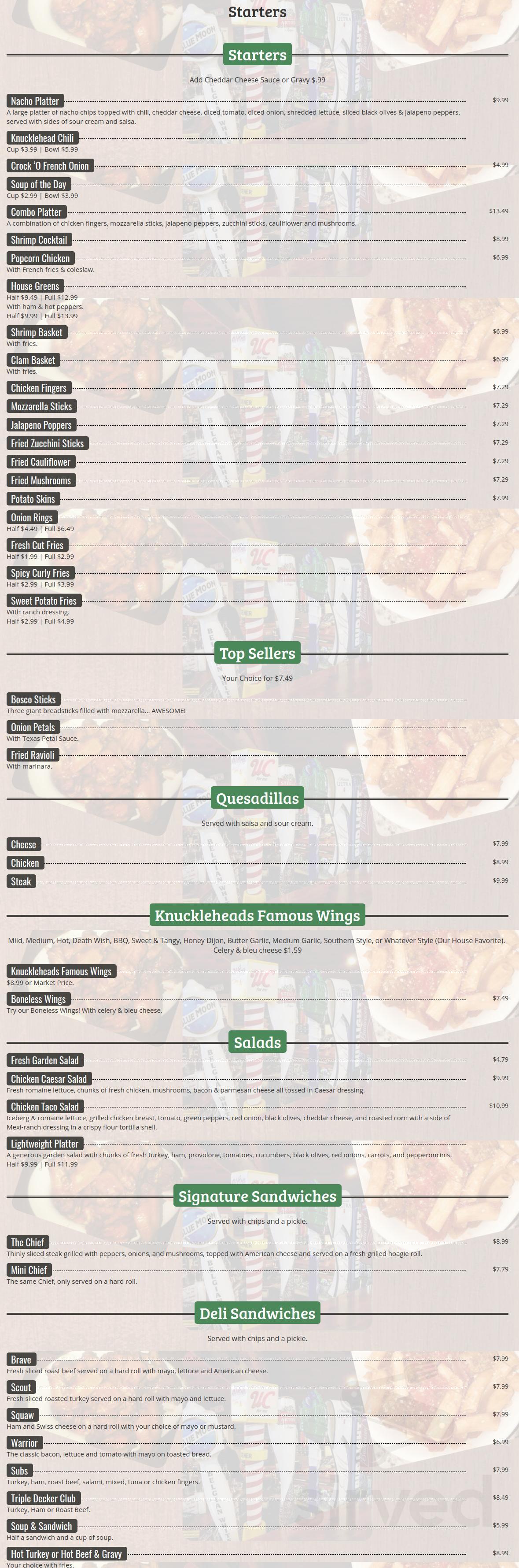 Knucklehead's Brew House menu in Westmoreland, New York, USA