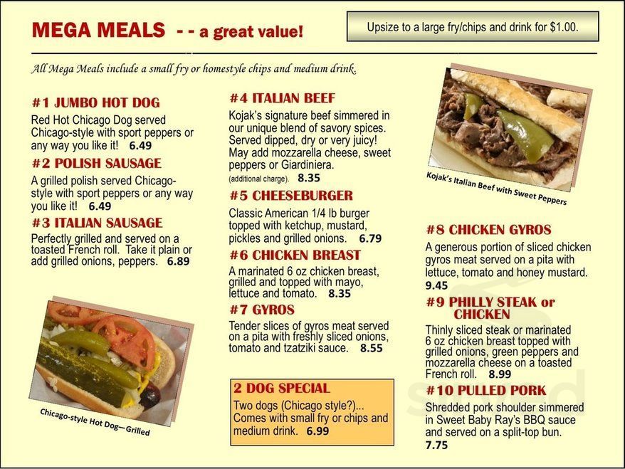 Kojak's menu in Cary, Illinois, USA