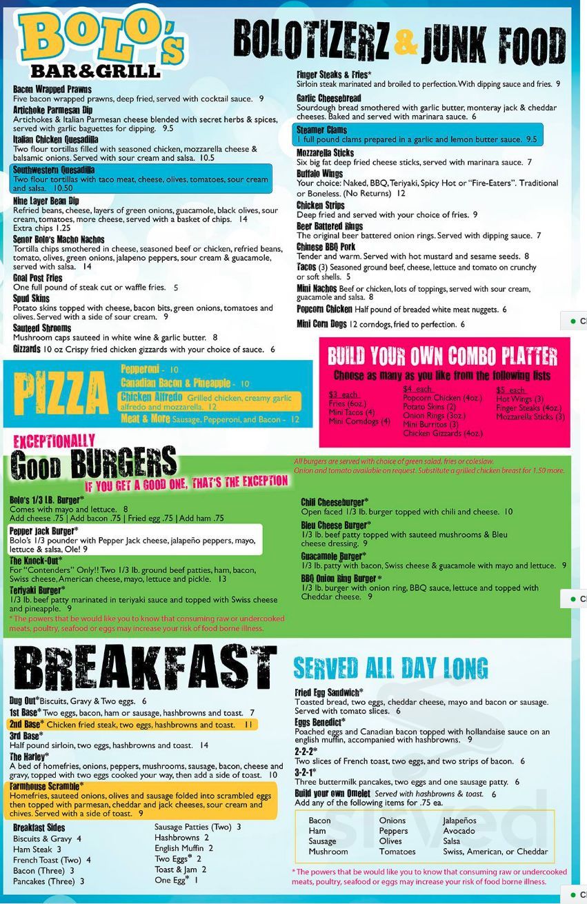 Bolo's Bar & Grill menu in Spokane Valley, Washington, USA