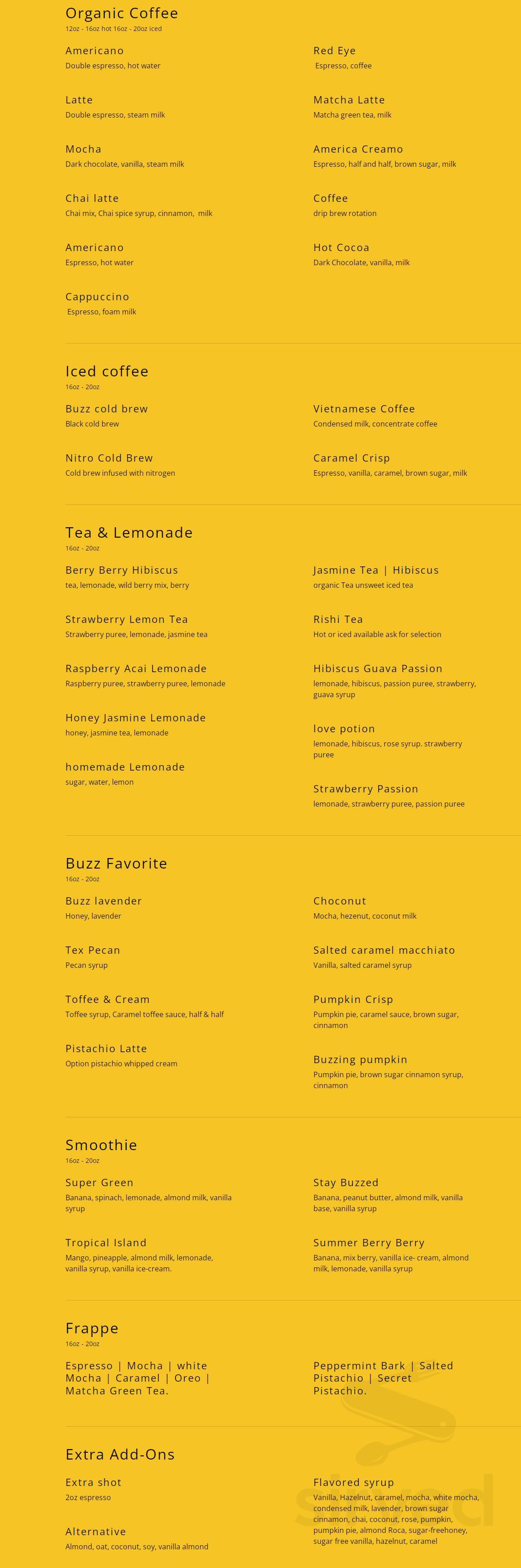 Buzz & Bites menu in Houston, Texas, USA