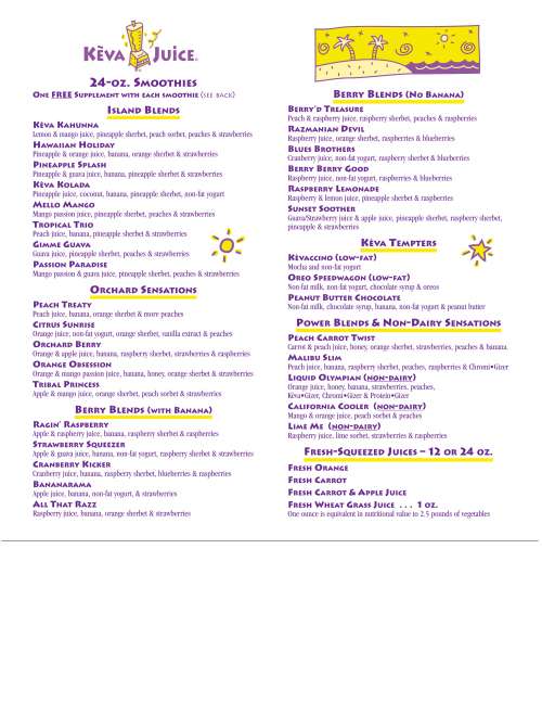 Keva Juice Utah menu in Bountiful, Utah, USA