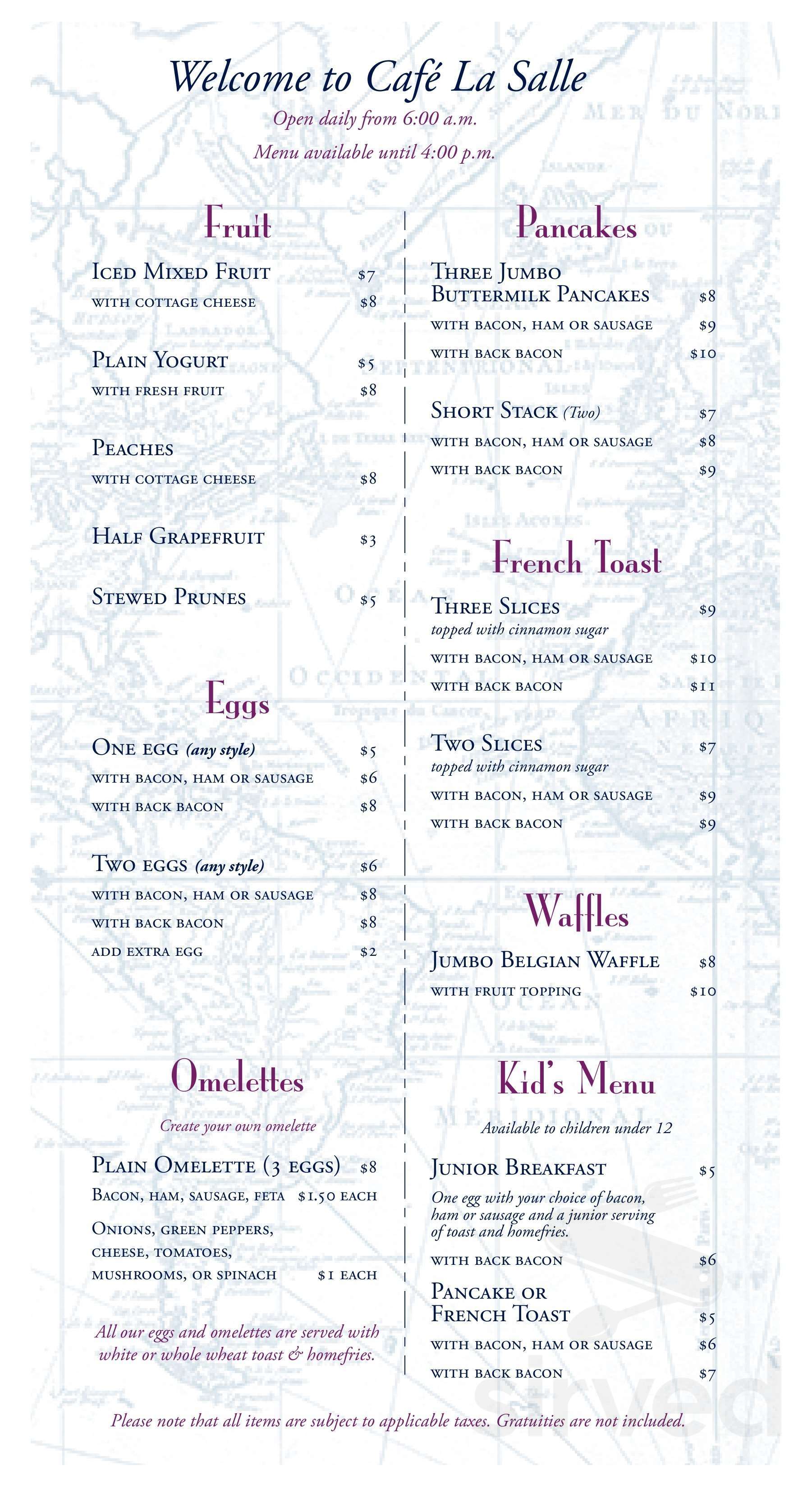 Cavelier Room menus in Kingston, Ontario, Canada