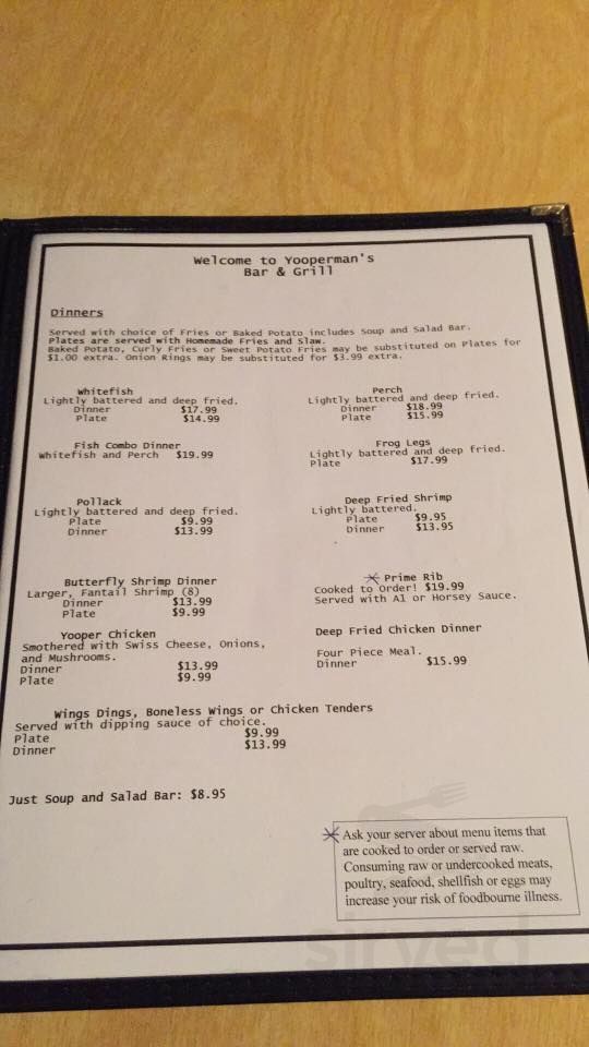 Yooperman's Bar And Grill menu in Goetzville, Michigan, USA